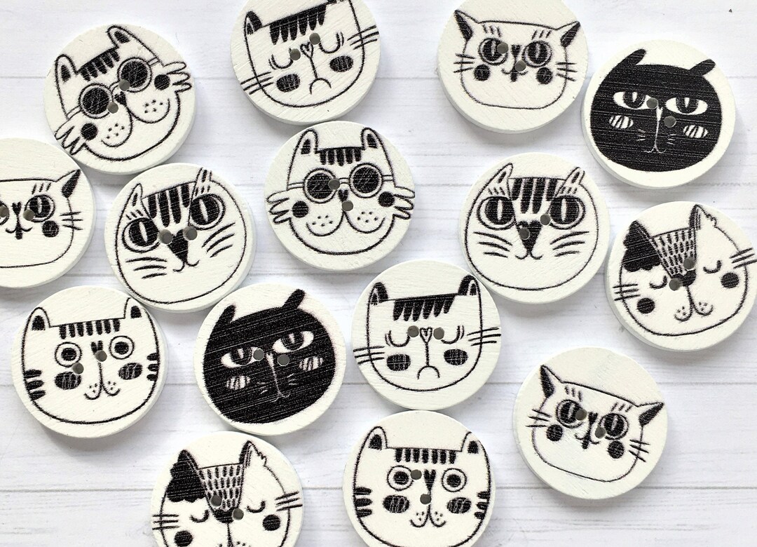 25mm LARGE CAT FACE Buttons X 6, Black and White Wooden Cat Face ...