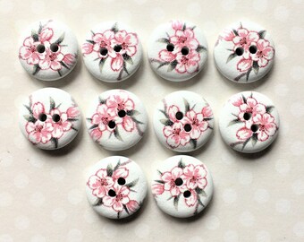 15 Mm ROSE BUTTONS X10, Round Pink Rose Buttons, Pretty Wooden Rose ...
