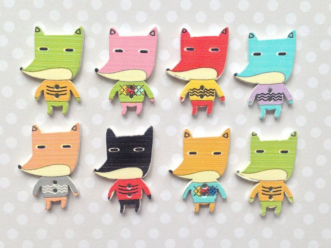 FOX BUTTONS X 8, Cute Wooden Fox Buttons, Fox Embellishments, Fox ...