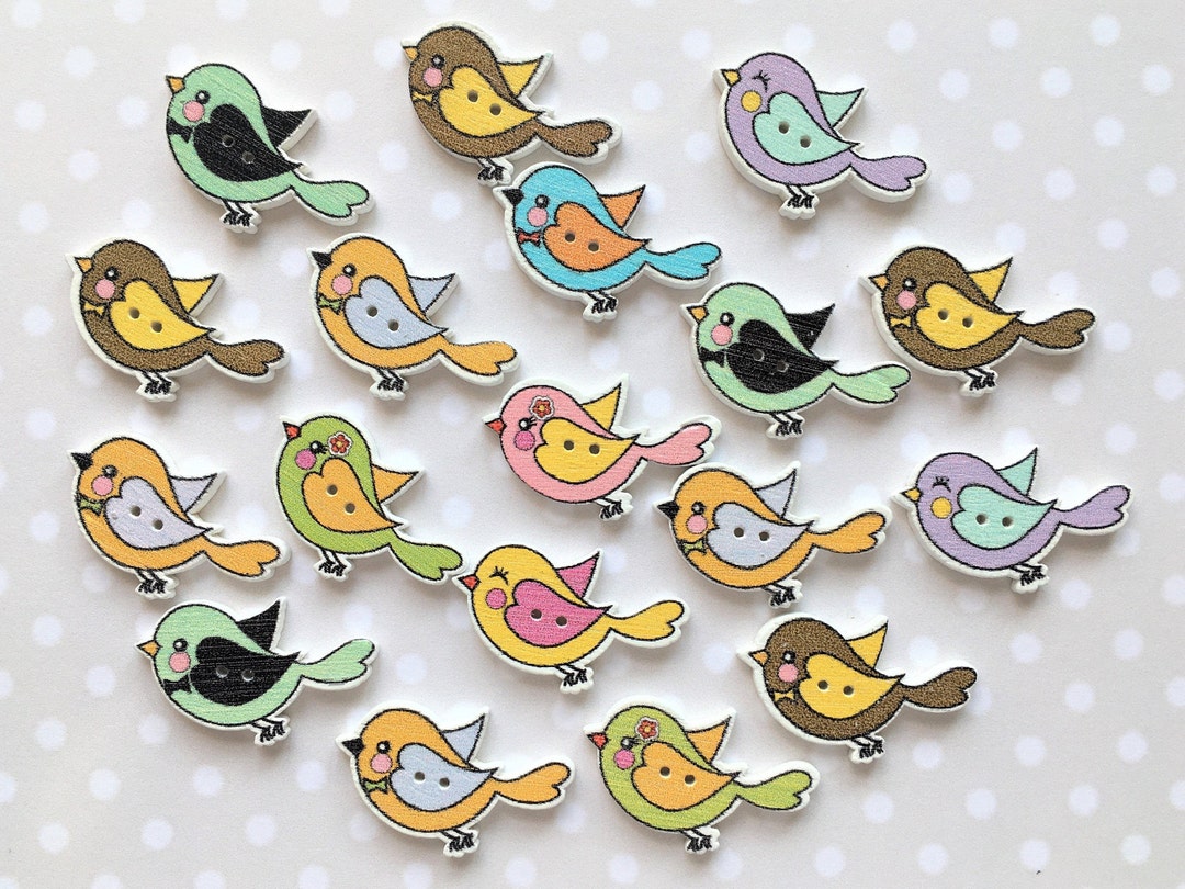 9 X BIRD BUTTONS 30mm X 20mm, Cute Bird Buttons, Painted Wooden Bird ...