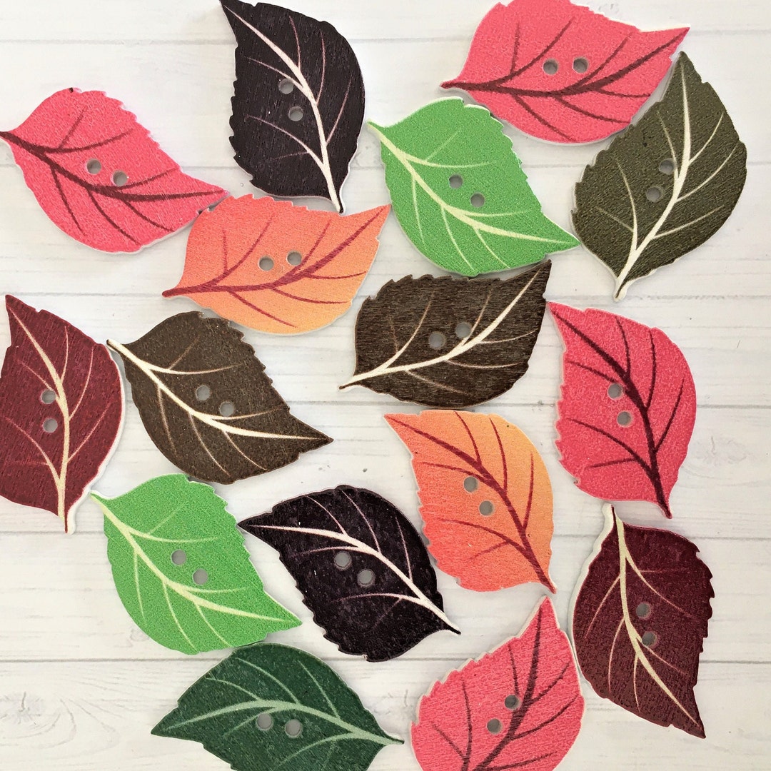 LEAVES WOODEN BUTTONS X 8, Autumn Leaves Wooden Buttons, Leaf Buttons ...