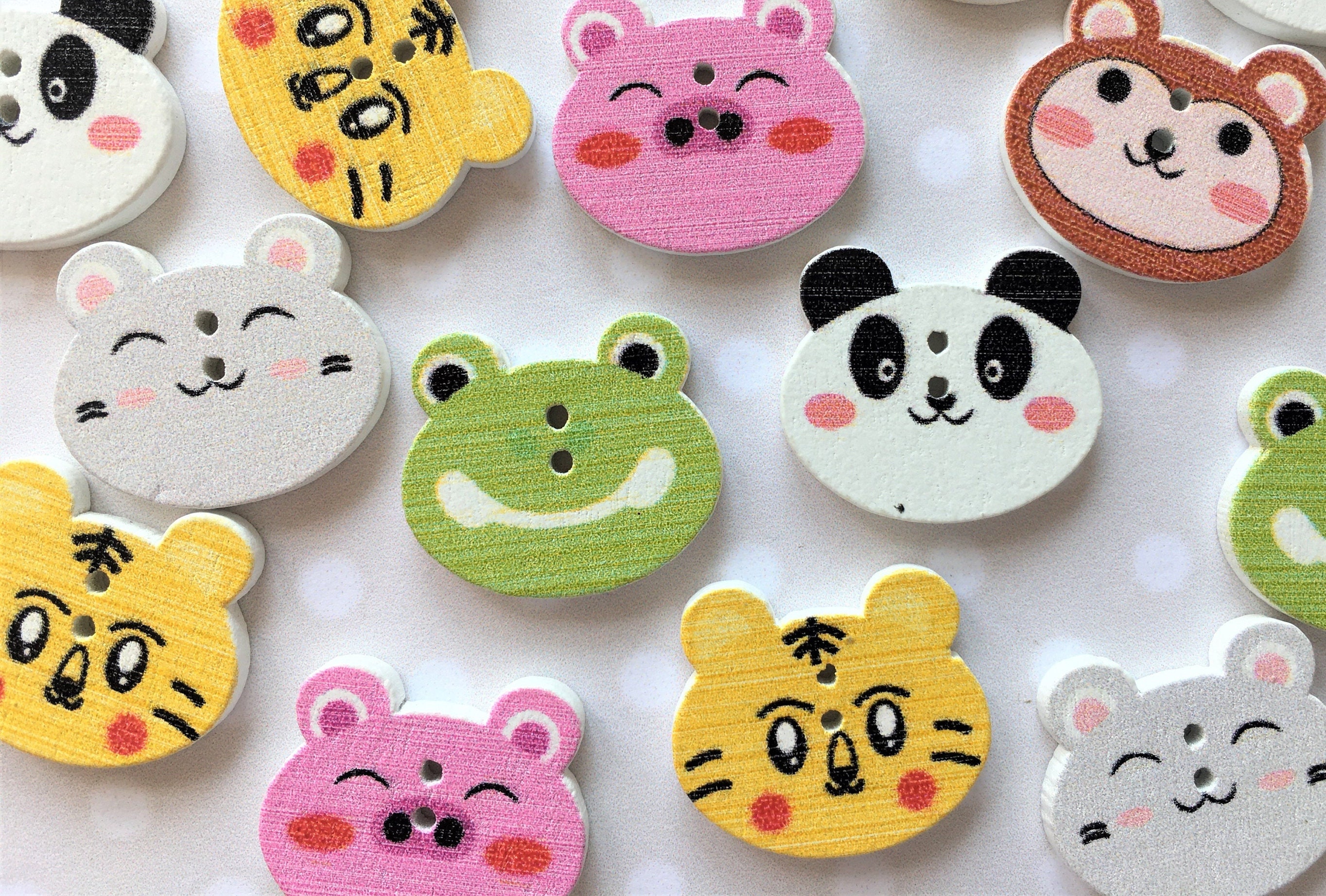 ANIMAL FACE Buttons X 9, Cute Animal Face Panda, Pig, Frog, Bear Cat ...