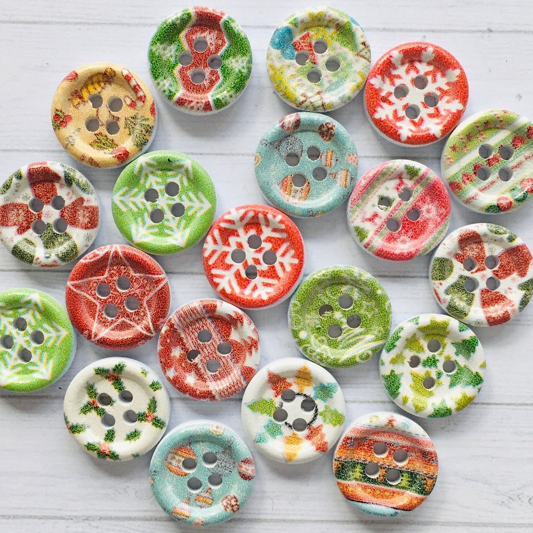 15mm CHRISTMAS PATTERNED BUTTONS X 10, Round Wooden Xmas Buttons, 15mm ...
