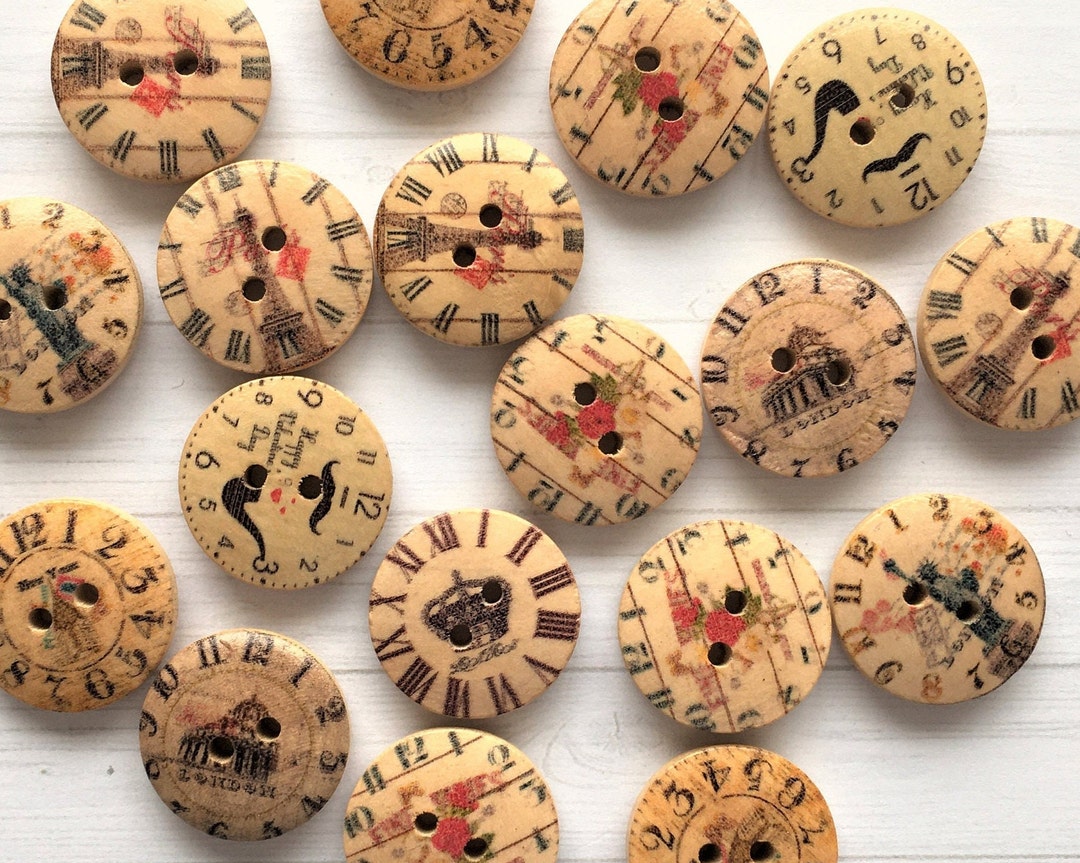 20mm VINTAGE STYLE Wooden Clock Buttons X 9, Round Vintage Design ...