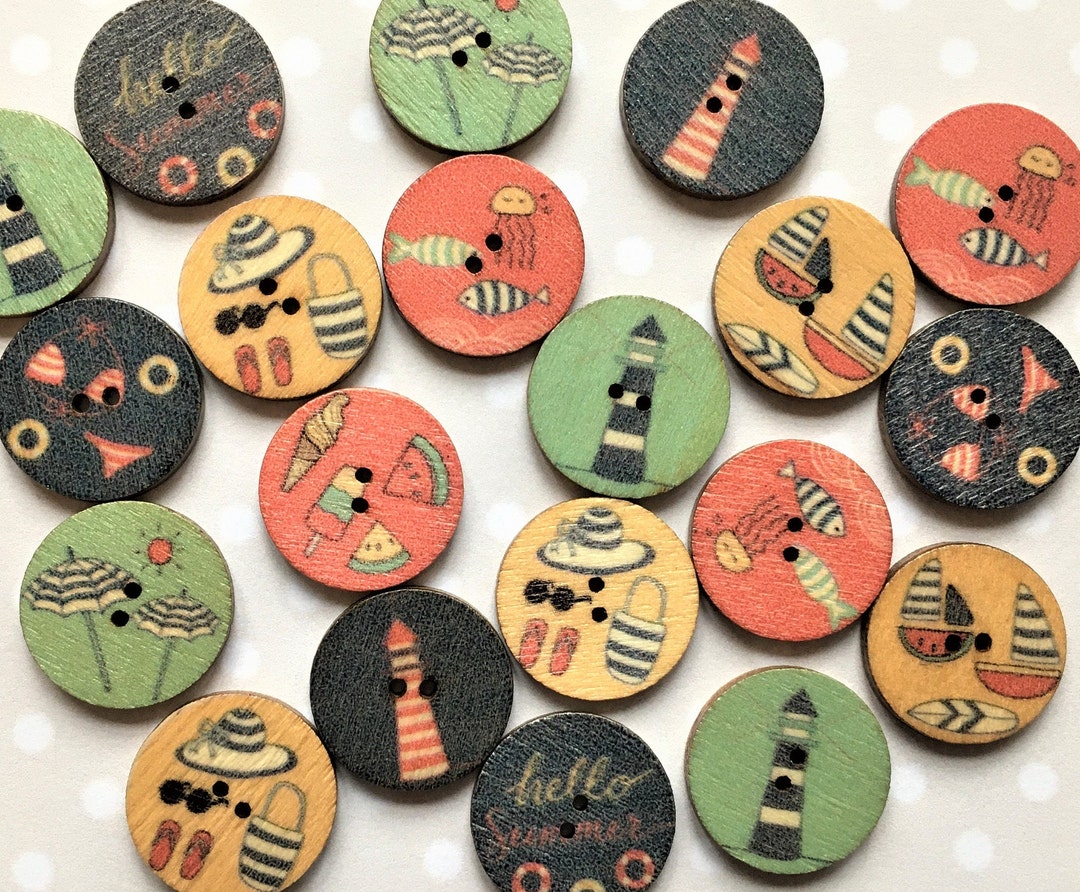 20 Mm RETRO BEACH THEME Buttons X 9, Coastal Theme Buttons, Shabby Chic ...