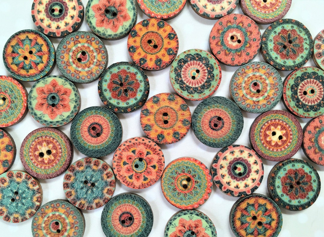 ETHNIC WOODEN BUTTONS 20 Mm/15mm X 10, Beautiful Bohemian Style Wooden ...