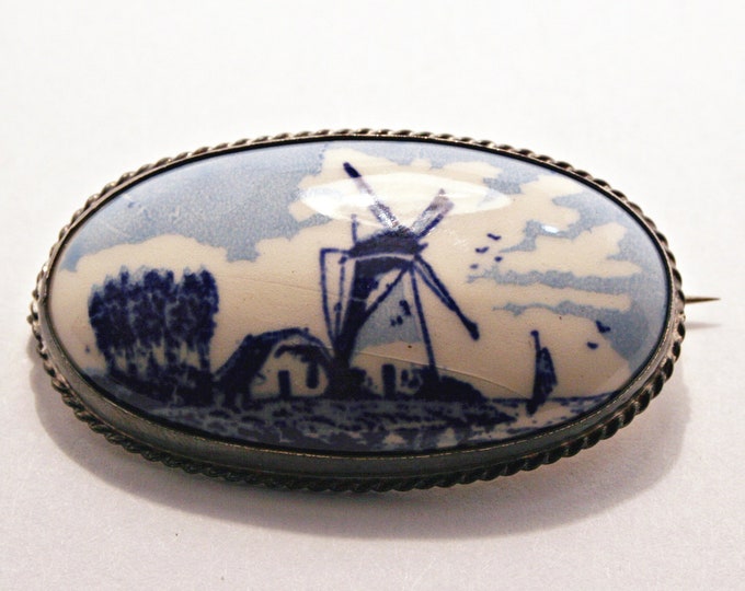 C1930s Antique Dutch Sterling Silver Delft Porcelain Brooch - Etsy