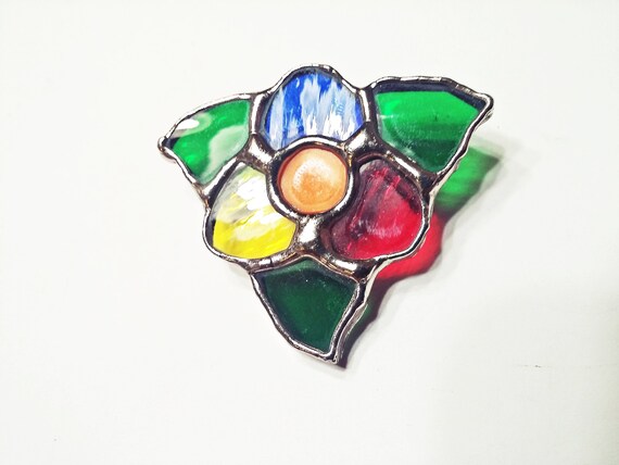 Vintage Handmade Stained Glass Triangle Brooch - Gem