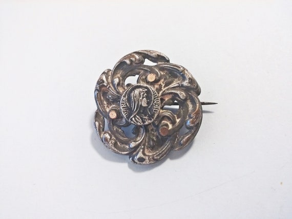 Antique Art Nouveau Religious Brooch with Rose Gold O… - Gem