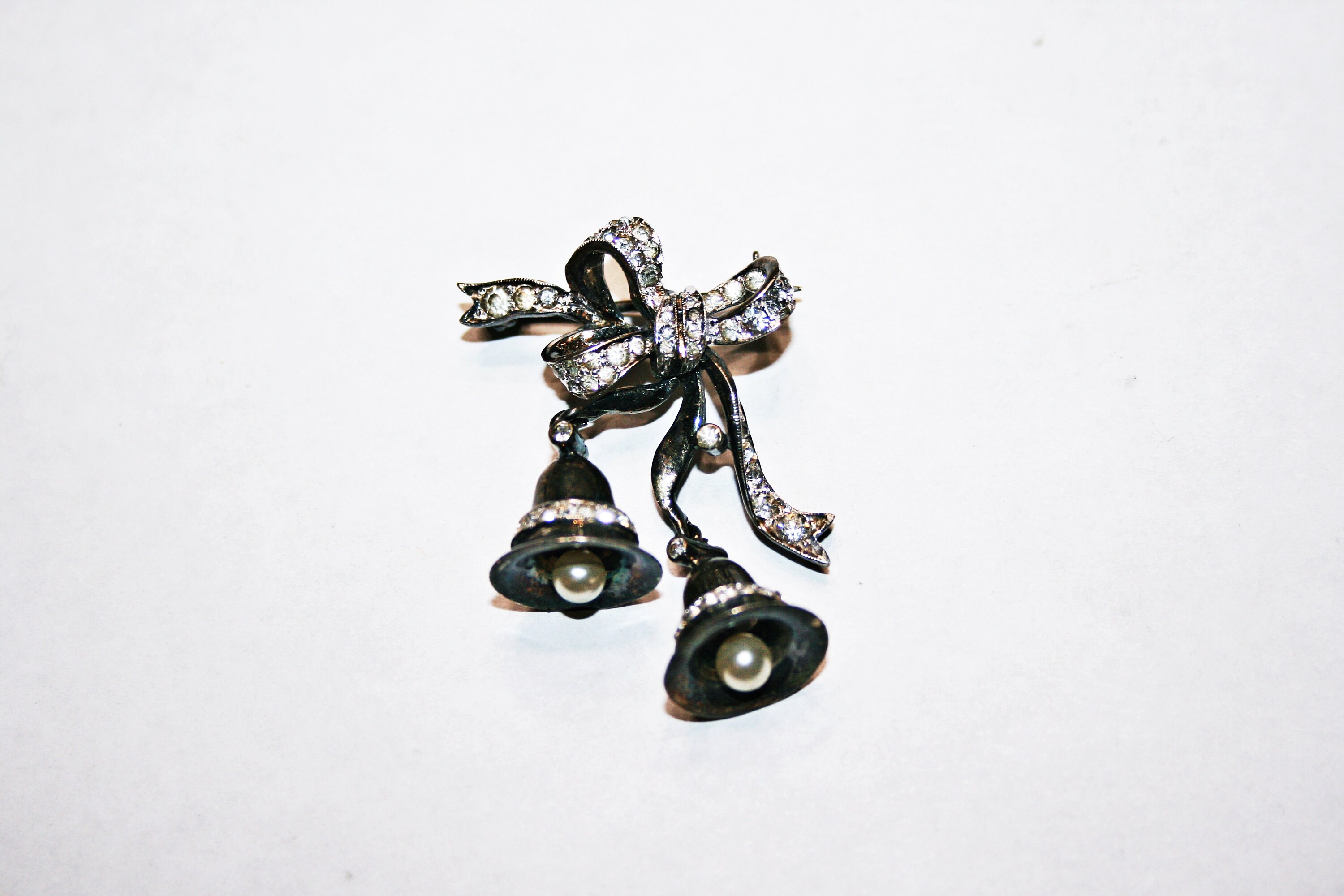 Vintage Sterling Silver and Clear Diamante Bell Brooch With Genuine ...