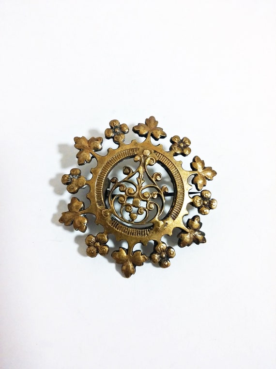 Antique Victorian Gothic Brass Brooch Cathedral - Fre… - Gem