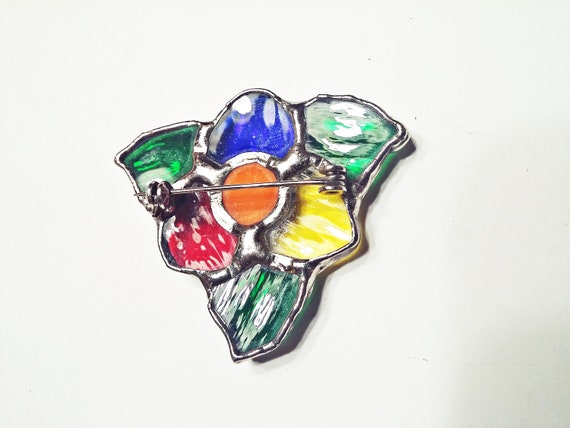 Vintage Handmade Stained Glass Triangle Brooch - Gem