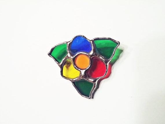 Vintage Handmade Stained Glass Triangle Brooch - Gem