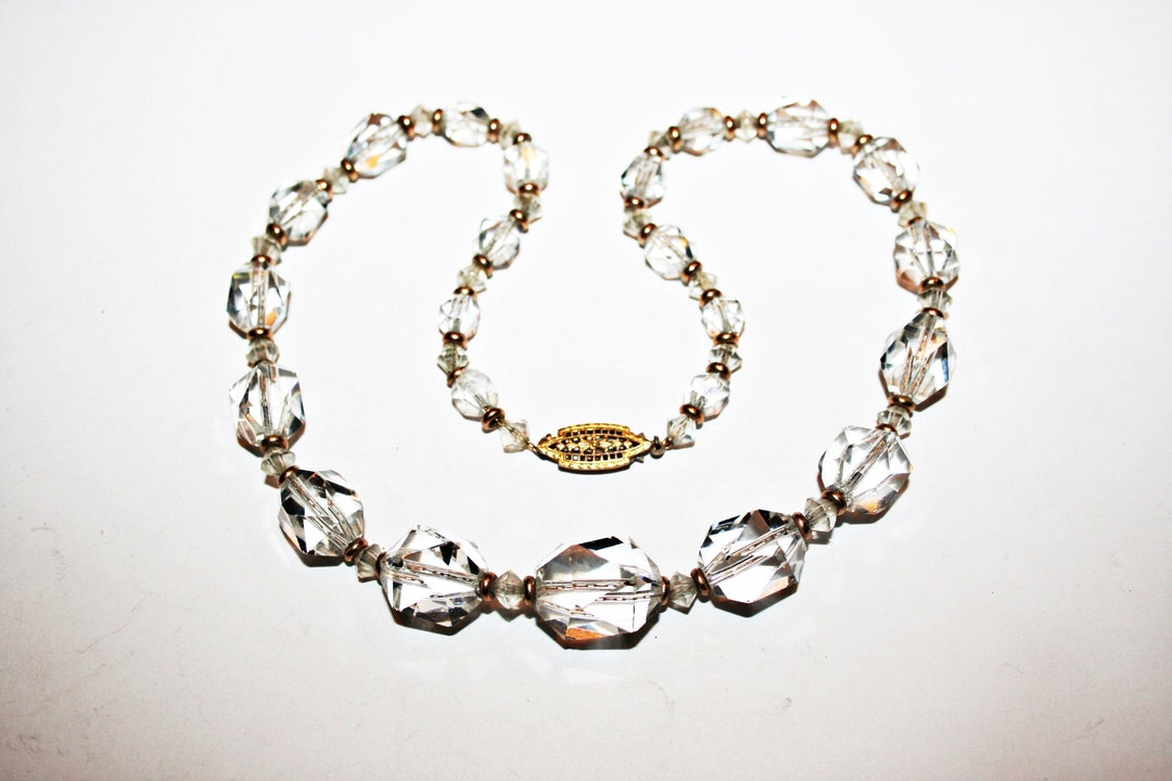 C1930s Art Deco Faceted Clear Cut Crystal Necklace With Gold Filled ...