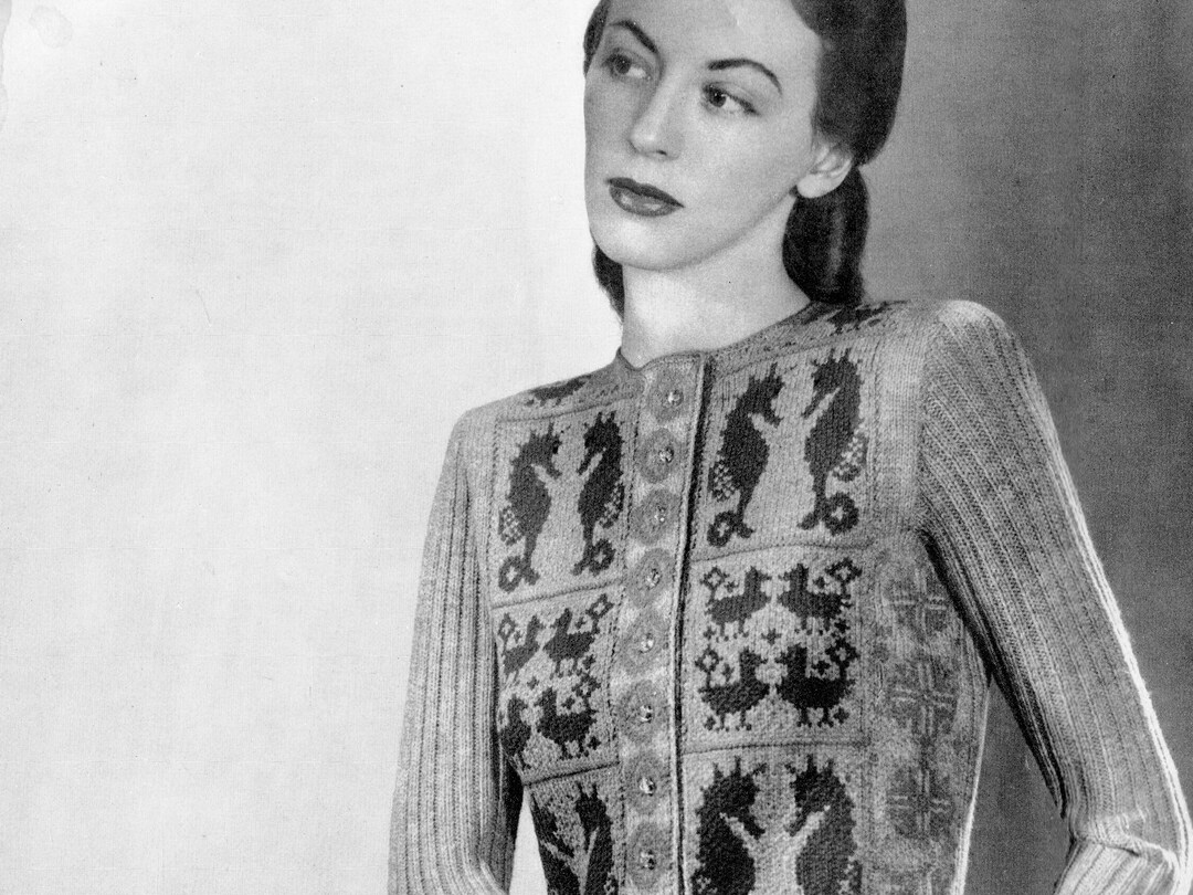 Vintage 1940s Sweater Pattern Forties Seahorse Cardigan Knitting ...
