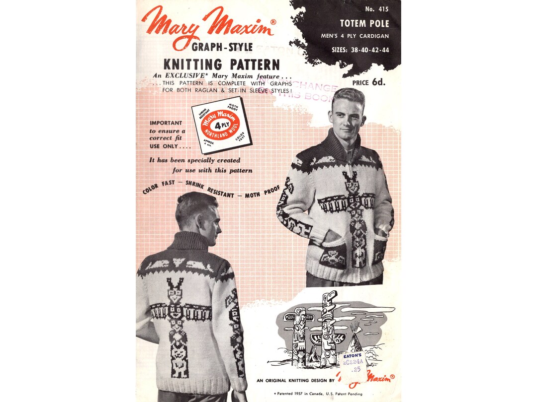 Mary Maxim 415 Totem Pole 1950s Bulky Knit Cardigan Sweater Knitting ...