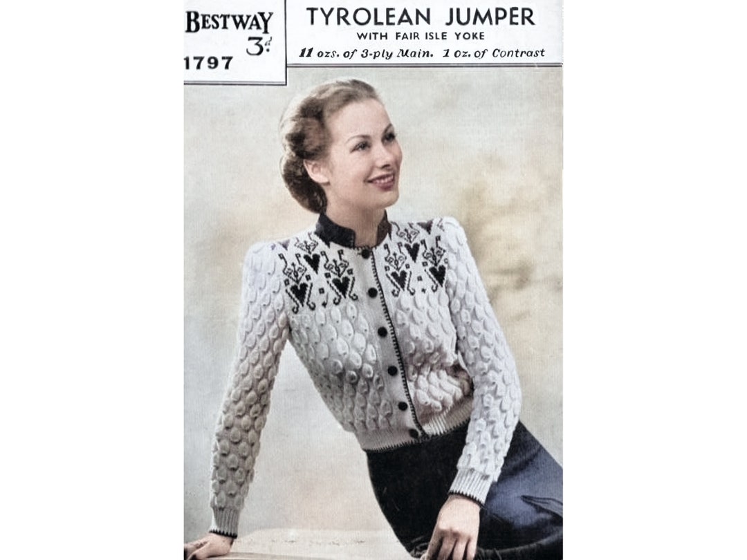 Vintage 1940s Tyrolean Sweater Pattern Bestway 1797 Long Sleeve ...