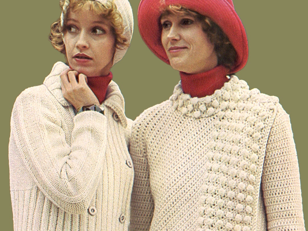 Vintage 70s Knit & Crochet Coat Patterns: Asymmetric Bobble Design (PDF ...