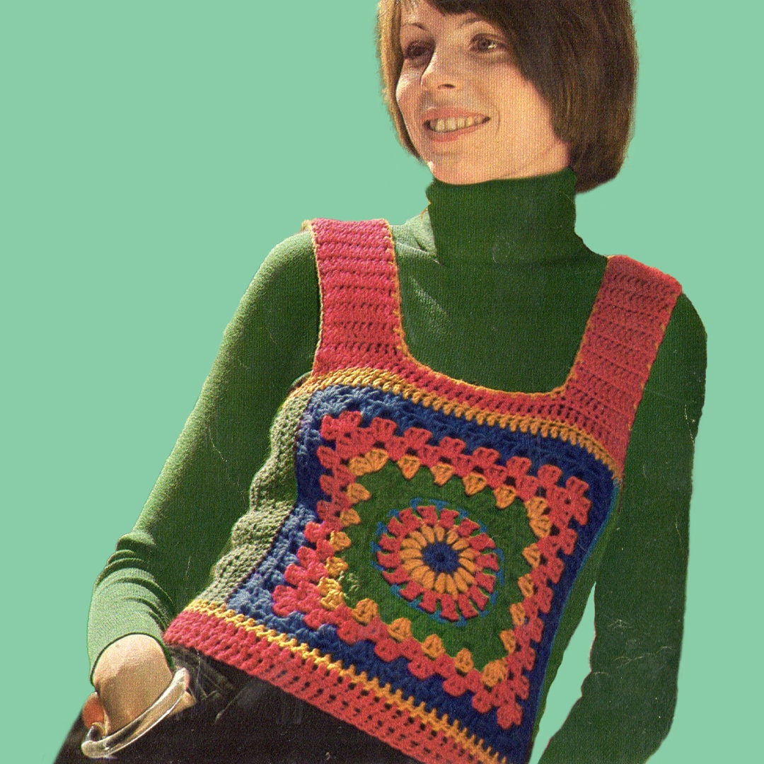 Vintage 1970s Crochet Pattern Granny Square Vest Sleeveless Top Vest ...