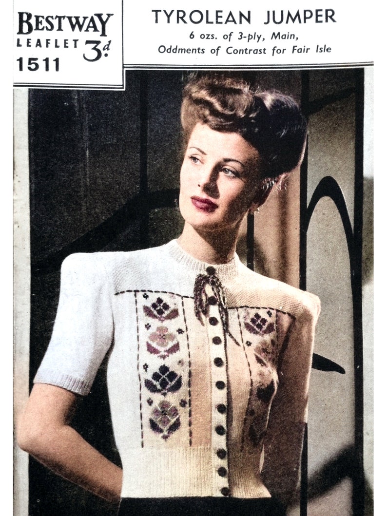 Vintage 1940s Tyrolean Sweater Pattern Forties Knitting Pattern Bestway ...