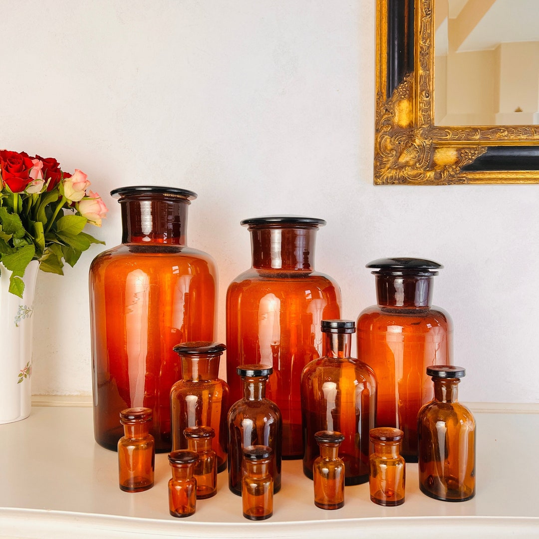 Apothecary Amber Glass Jars With Lid, Vintage Jars, Pharmacy Jars ...