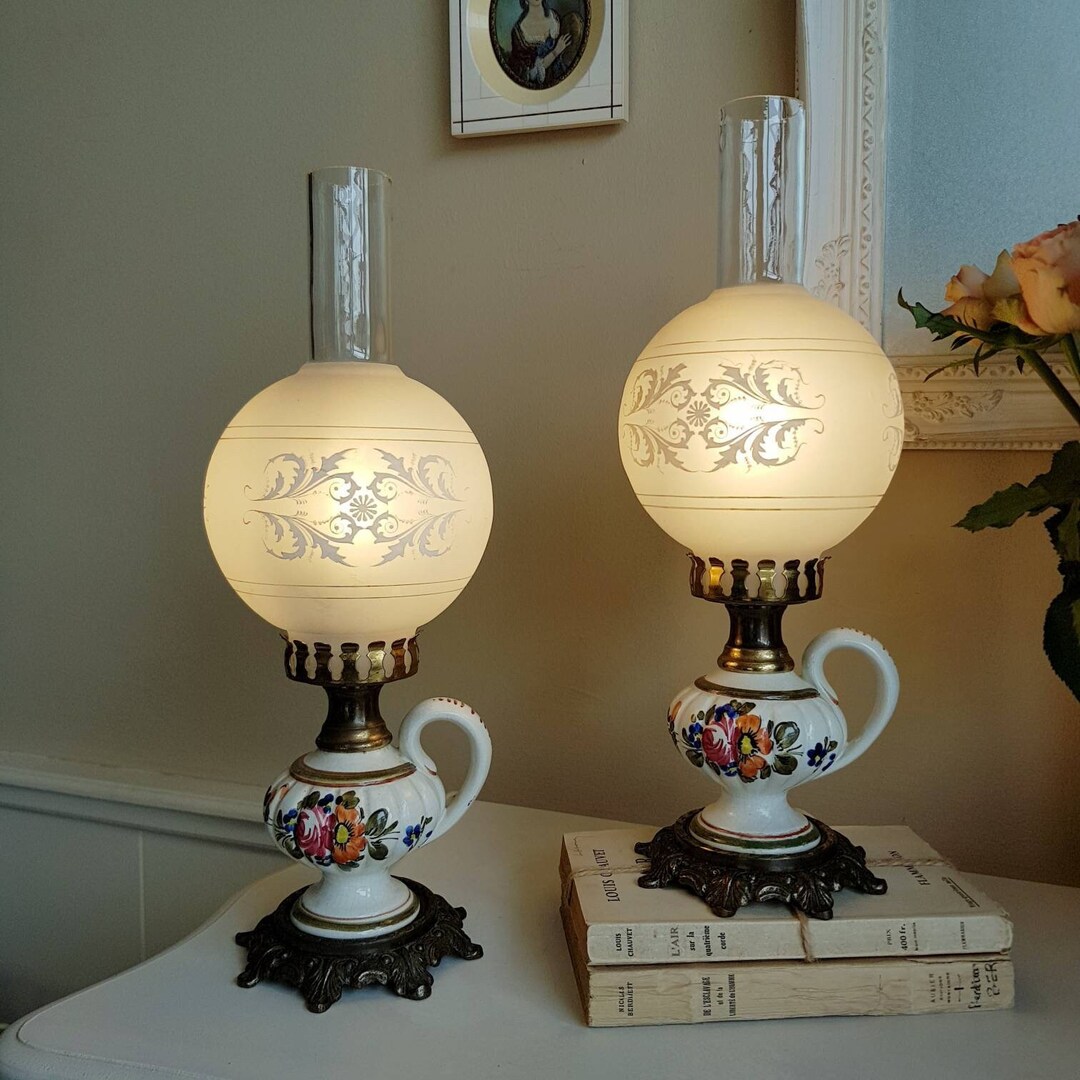 Vintage Dutch Oil Lamps: Frosted Floral Globes, Brass Base - Pair - Etsy