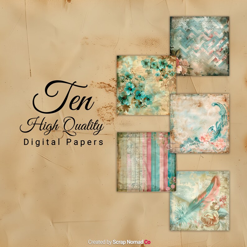 Vintage Turquoise and Rose Digital Paper Collection, Bundle of ...