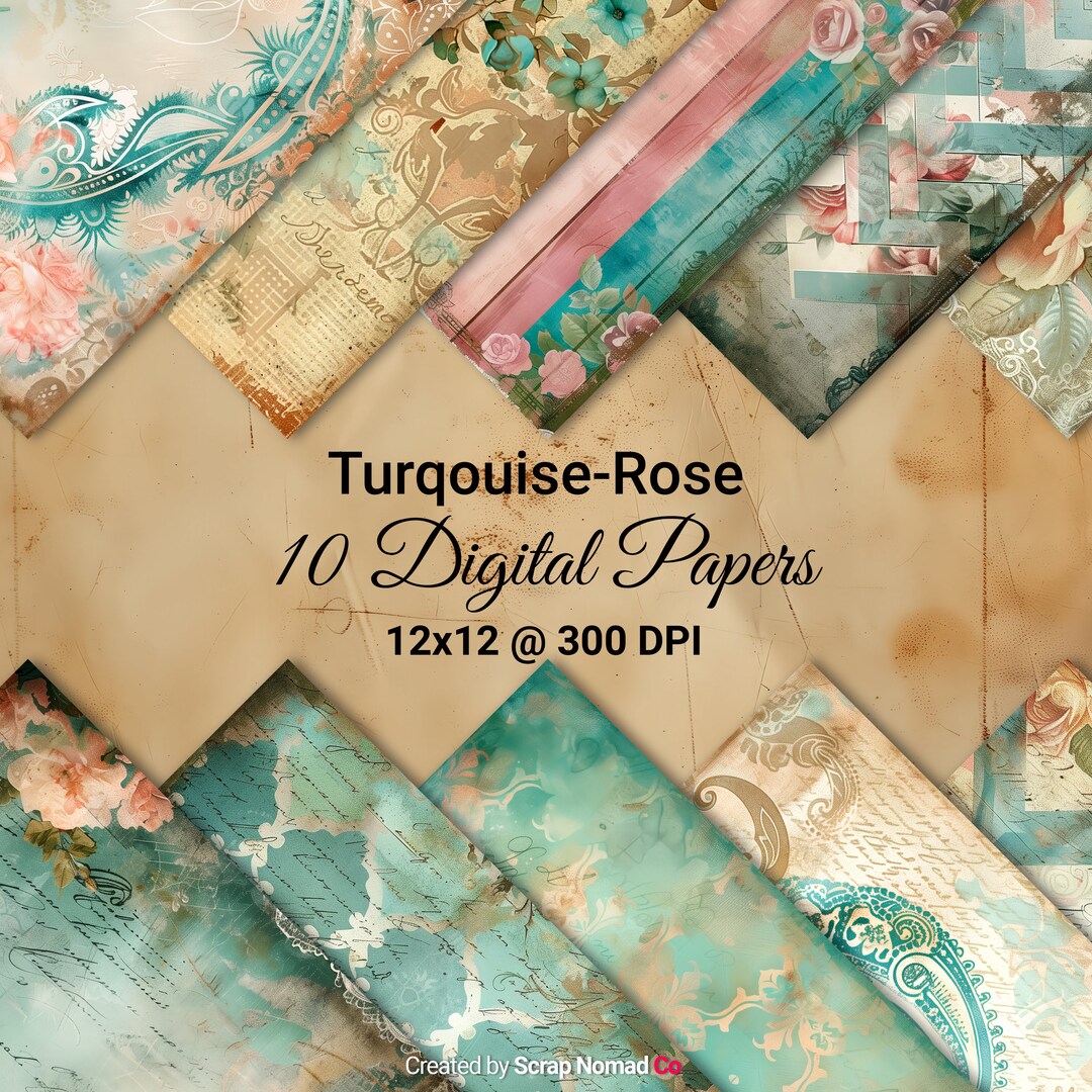 Vintage Turquoise and Rose Digital Paper Collection, Bundle of ...