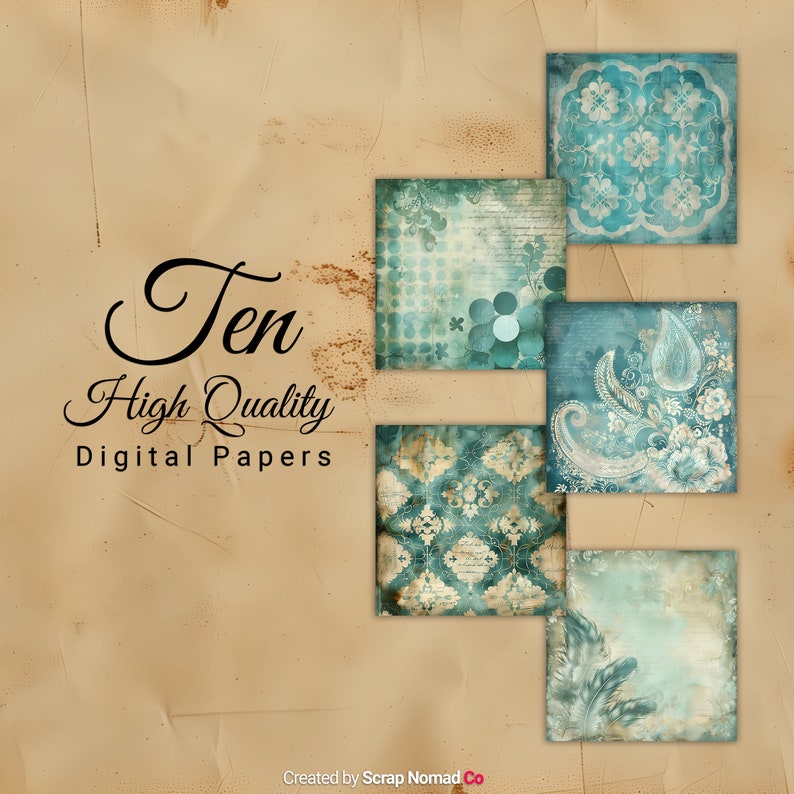Vintage Teal and Blue Digital Paper Collection, Bundle of Scrapbook ...