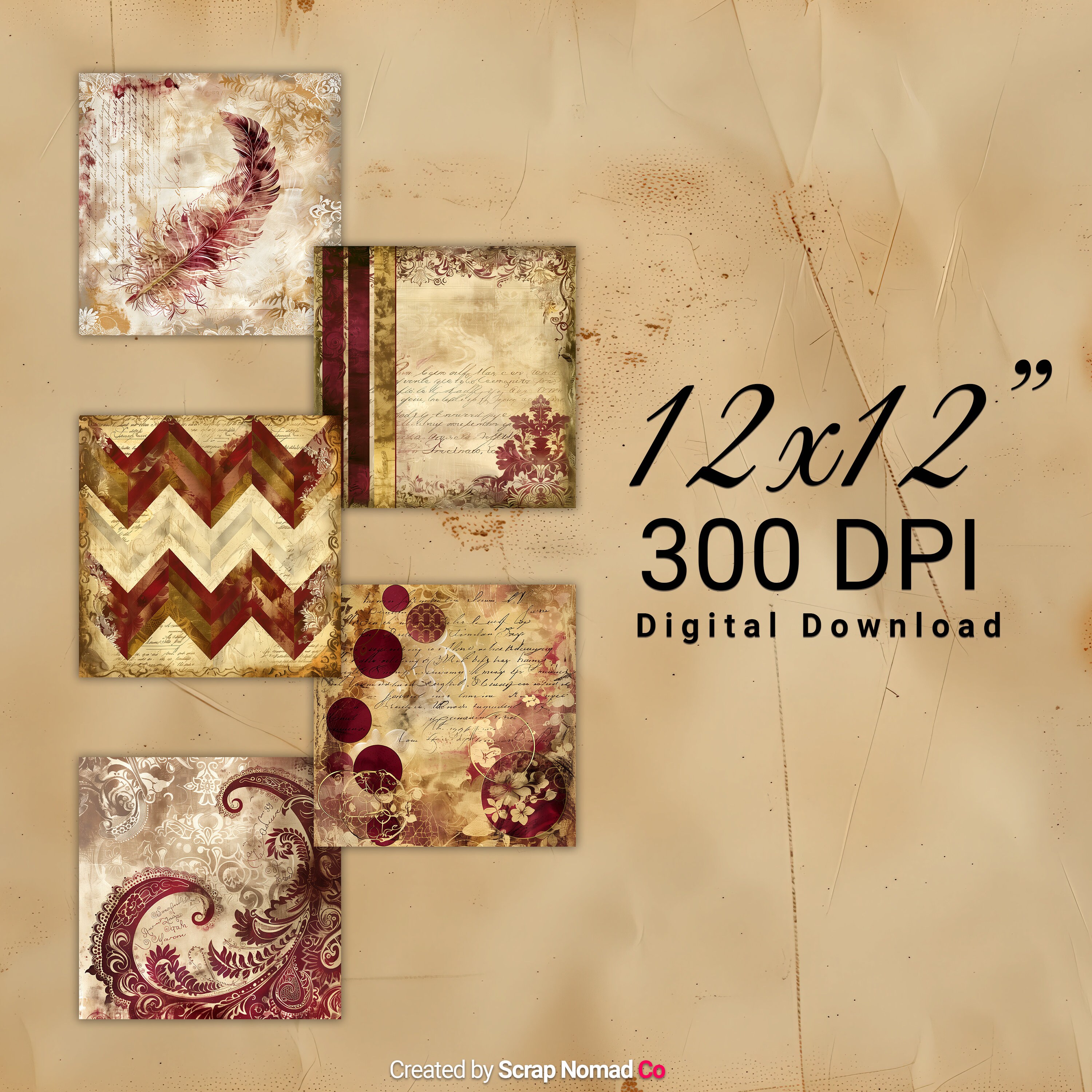 Vintage Burgundy and Gold Digital Paper Collection, Bundle of Scrapbook ...
