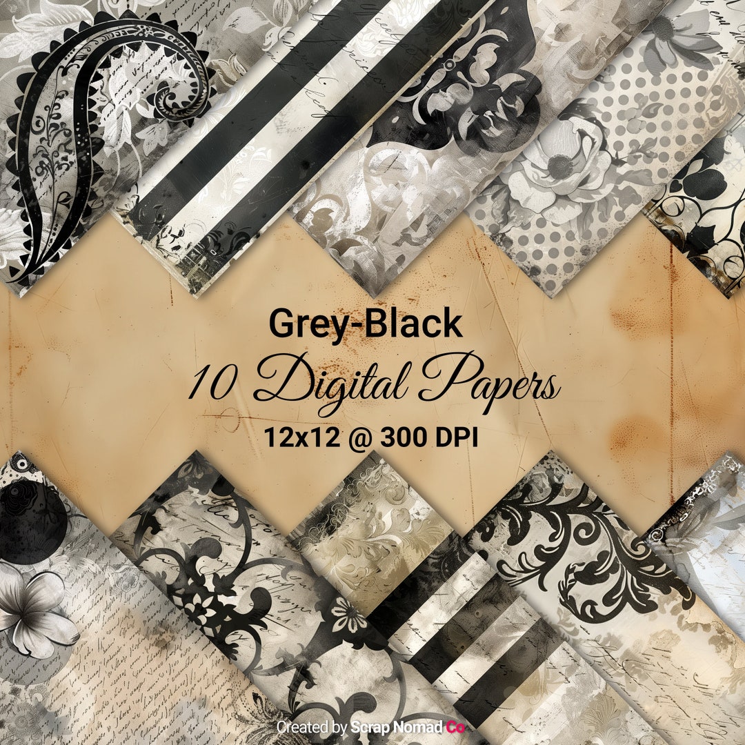 Vintage Grey and Black Digital Paper Collection, Bundle of Scrapbook ...