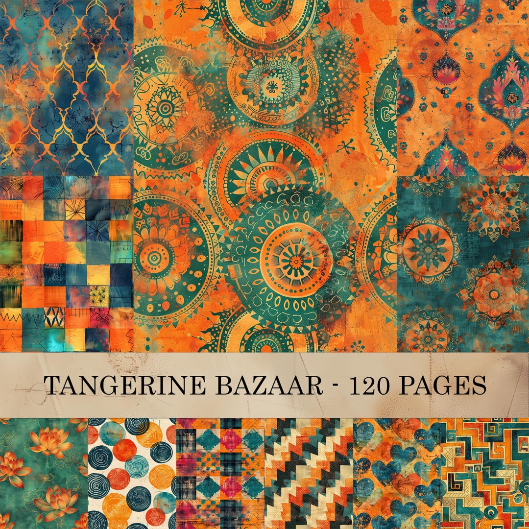 Tangerine Bazaar Digital Paper Pack, Orange Teal Boho Pattern Journal ...