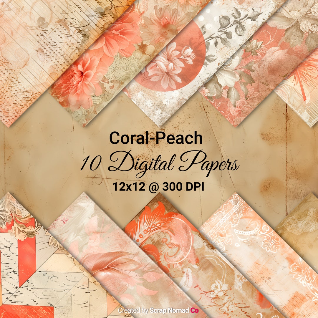 Vintage Coral and Peach Digital Paper Collection, Bundle of Scrapbook ...