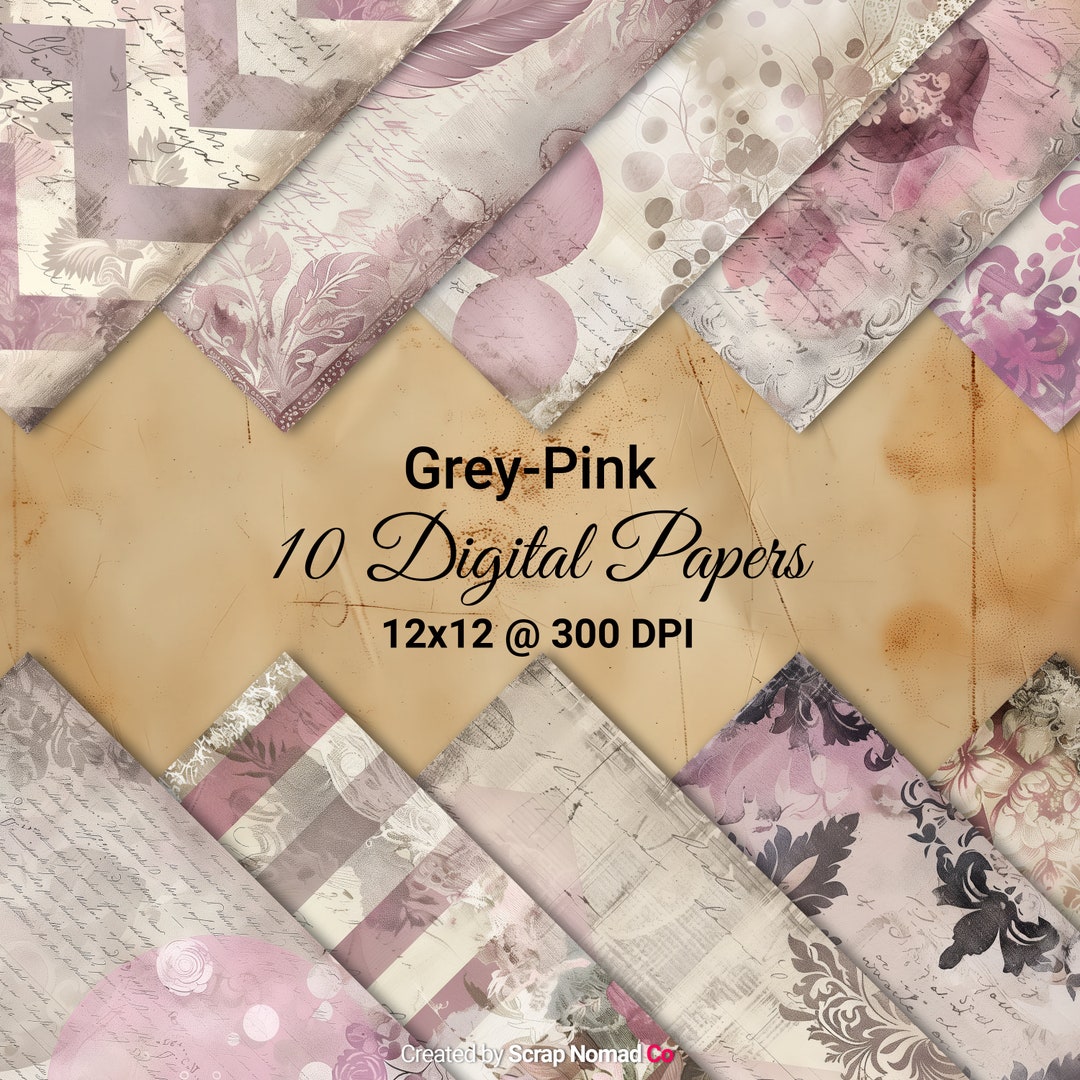 Vintage Grey and Pink Digital Paper Collection, Bundle of Scrapbook ...