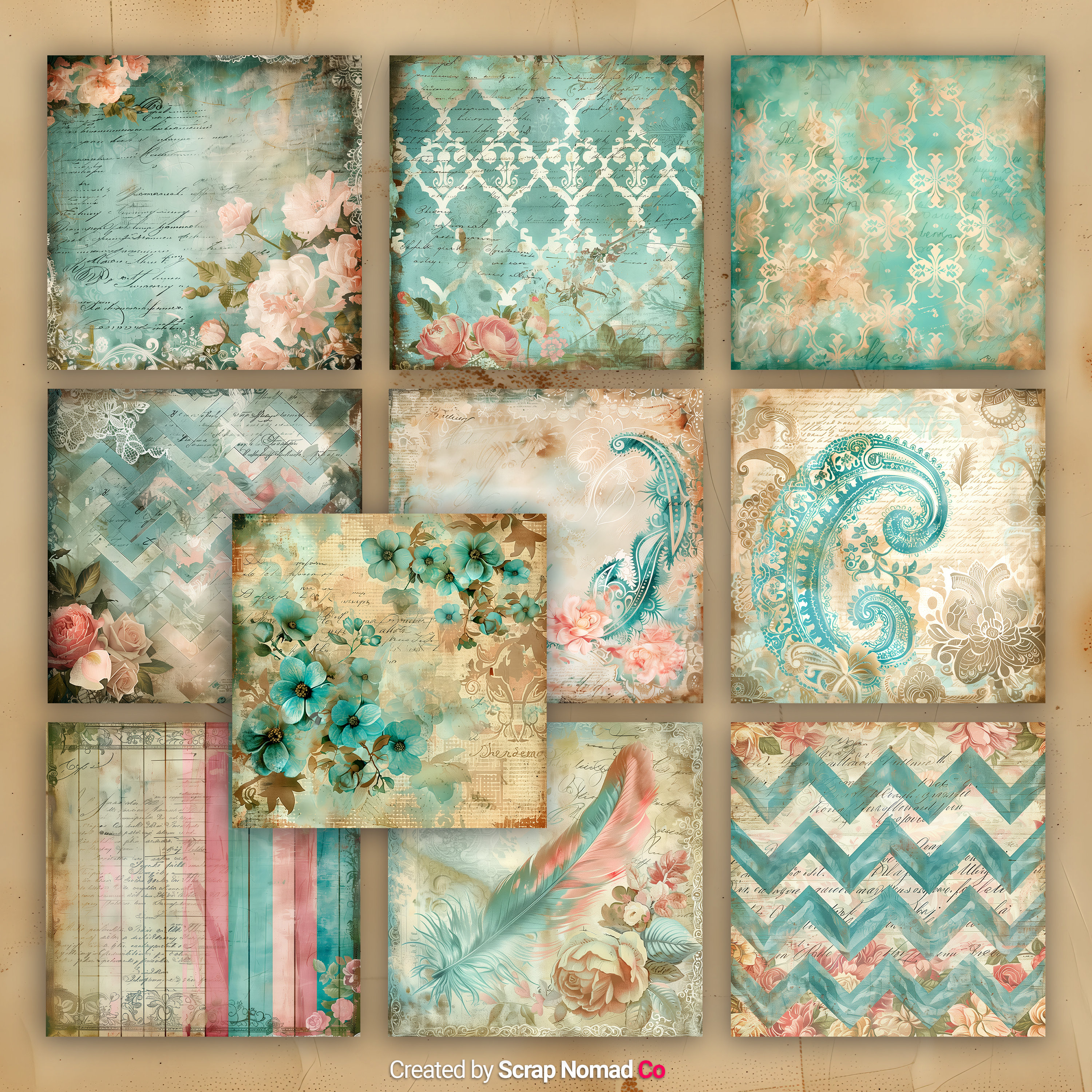 Vintage Turquoise and Rose Digital Paper Collection, Bundle of ...