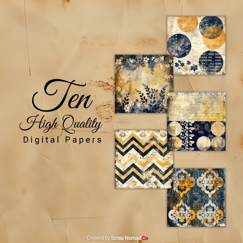 Vintage Navy and Mustard Digital Paper Collection, Bundle of Scrapbook ...
