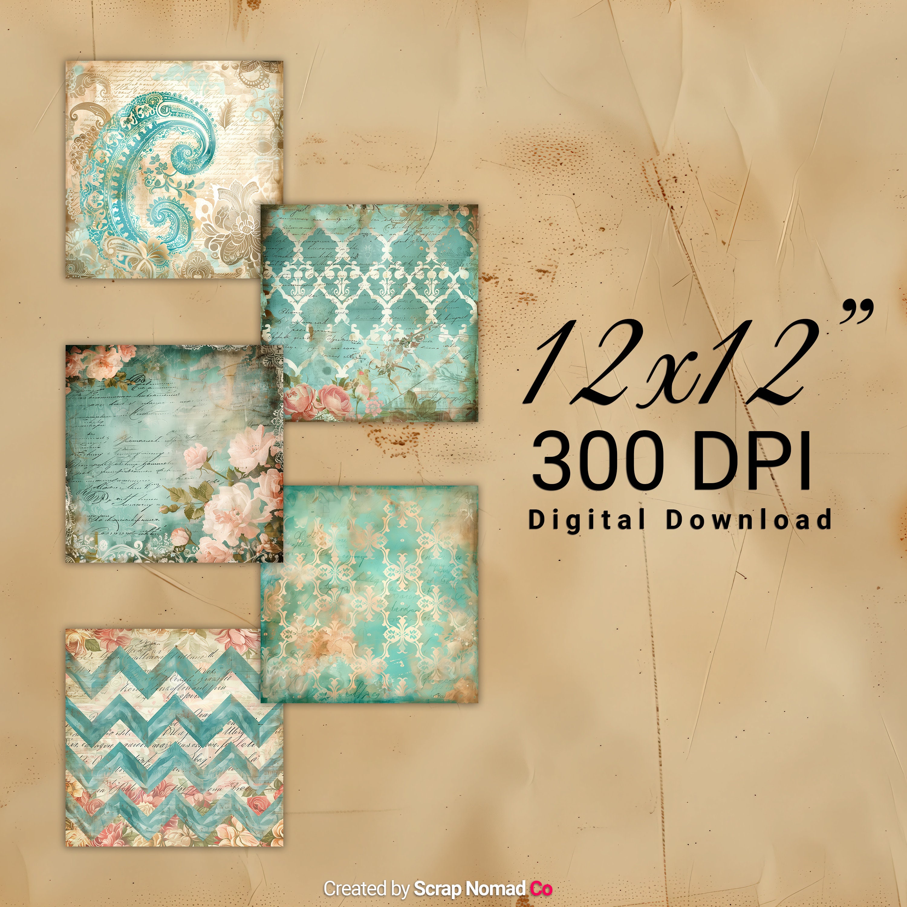 Vintage Turquoise and Rose Digital Paper Collection, Bundle of ...