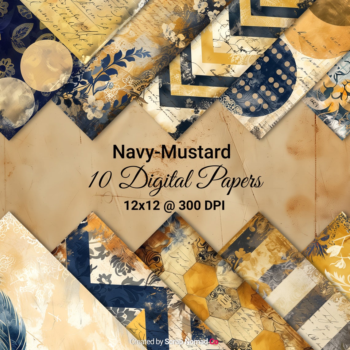Vintage Navy and Mustard Digital Paper Collection, Bundle of Scrapbook ...