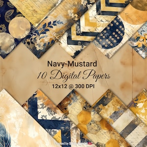 Vintage Navy and Mustard Digital Paper Collection, Bundle of Scrapbook ...