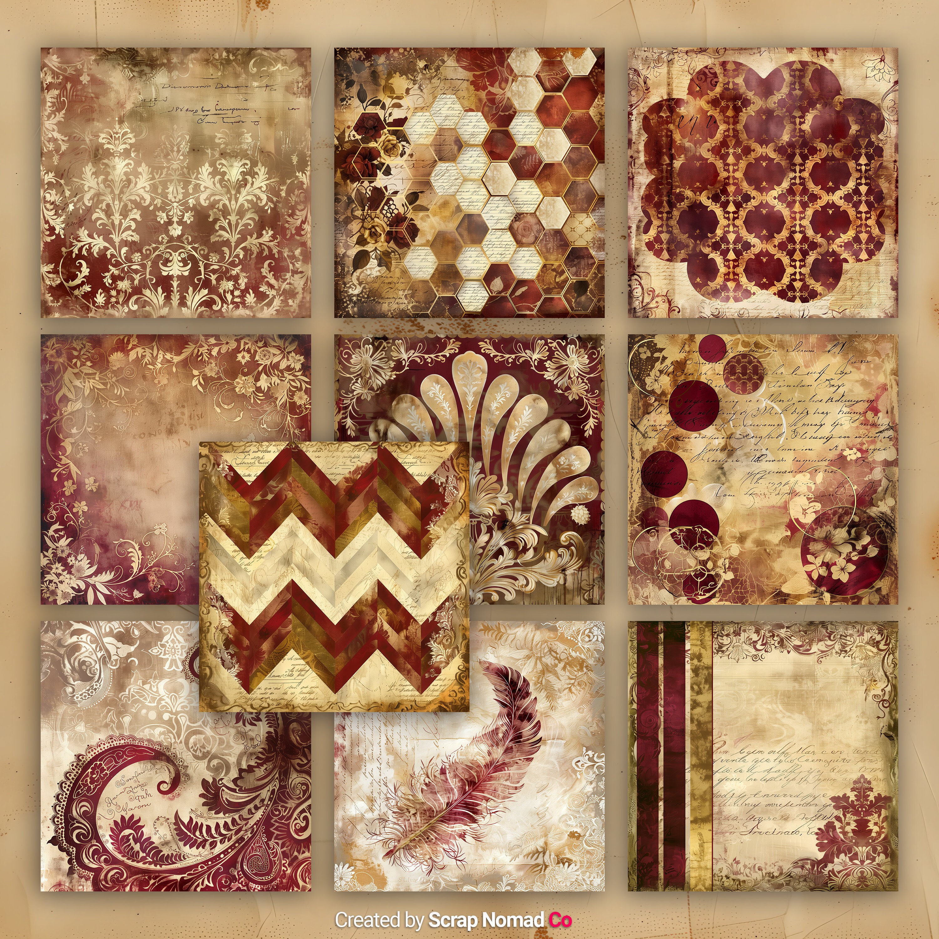 Vintage Burgundy and Gold Digital Paper Collection, Bundle of Scrapbook ...