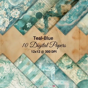 Vintage Teal and Blue Digital Paper Collection, Bundle of Scrapbook ...