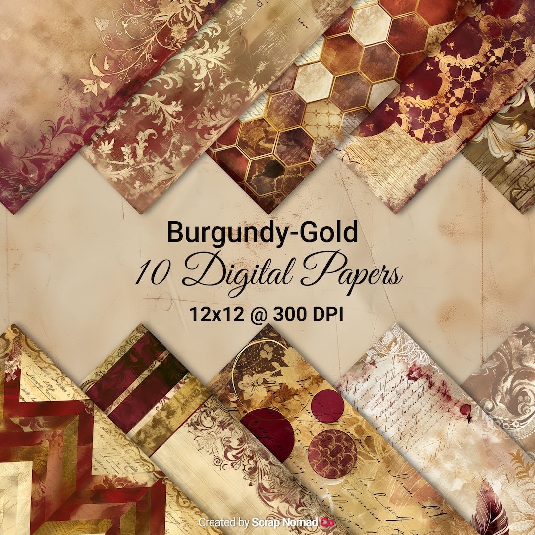 Vintage Burgundy and Gold Digital Paper Collection, Bundle of Scrapbook ...