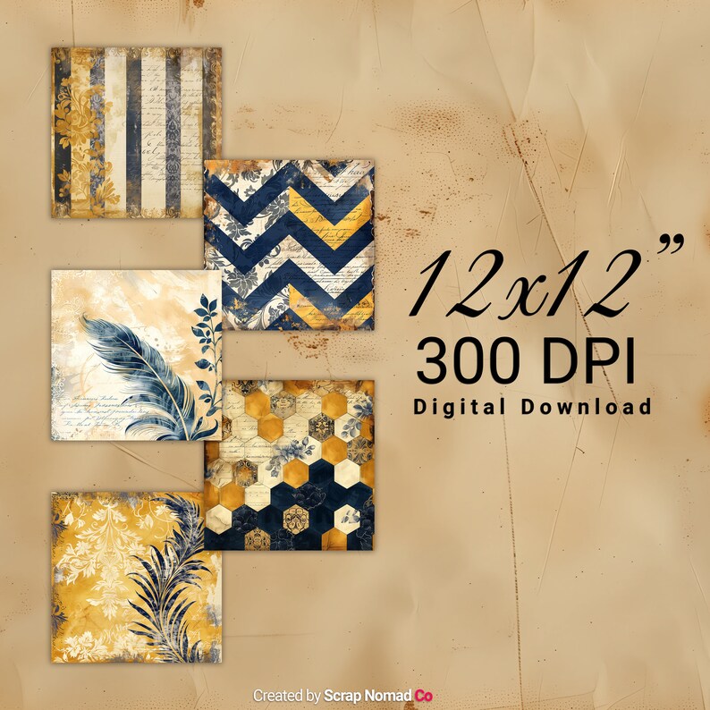 Vintage Navy and Mustard Digital Paper Collection, Bundle of Scrapbook ...