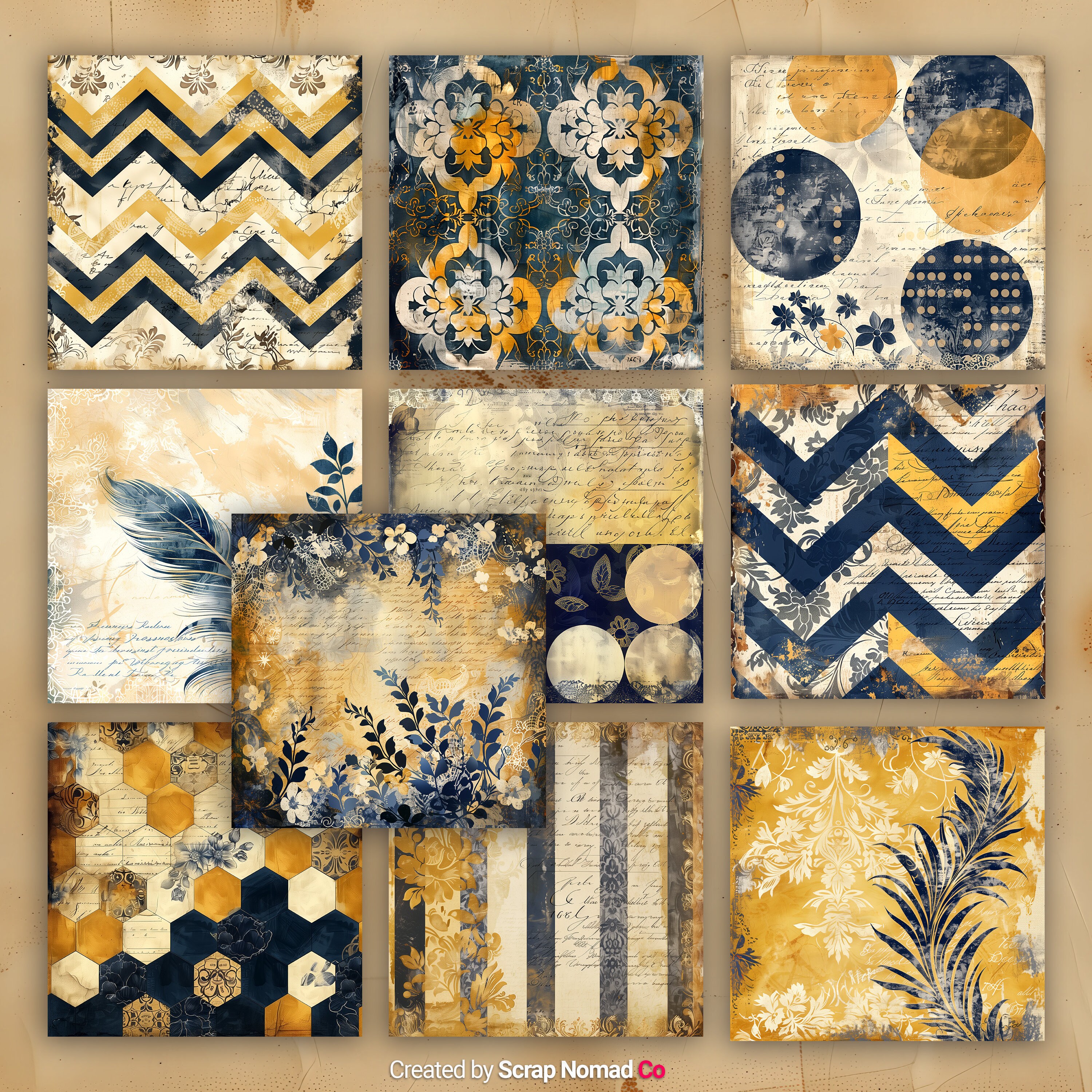 Vintage Navy and Mustard Digital Paper Collection, Bundle of Scrapbook ...