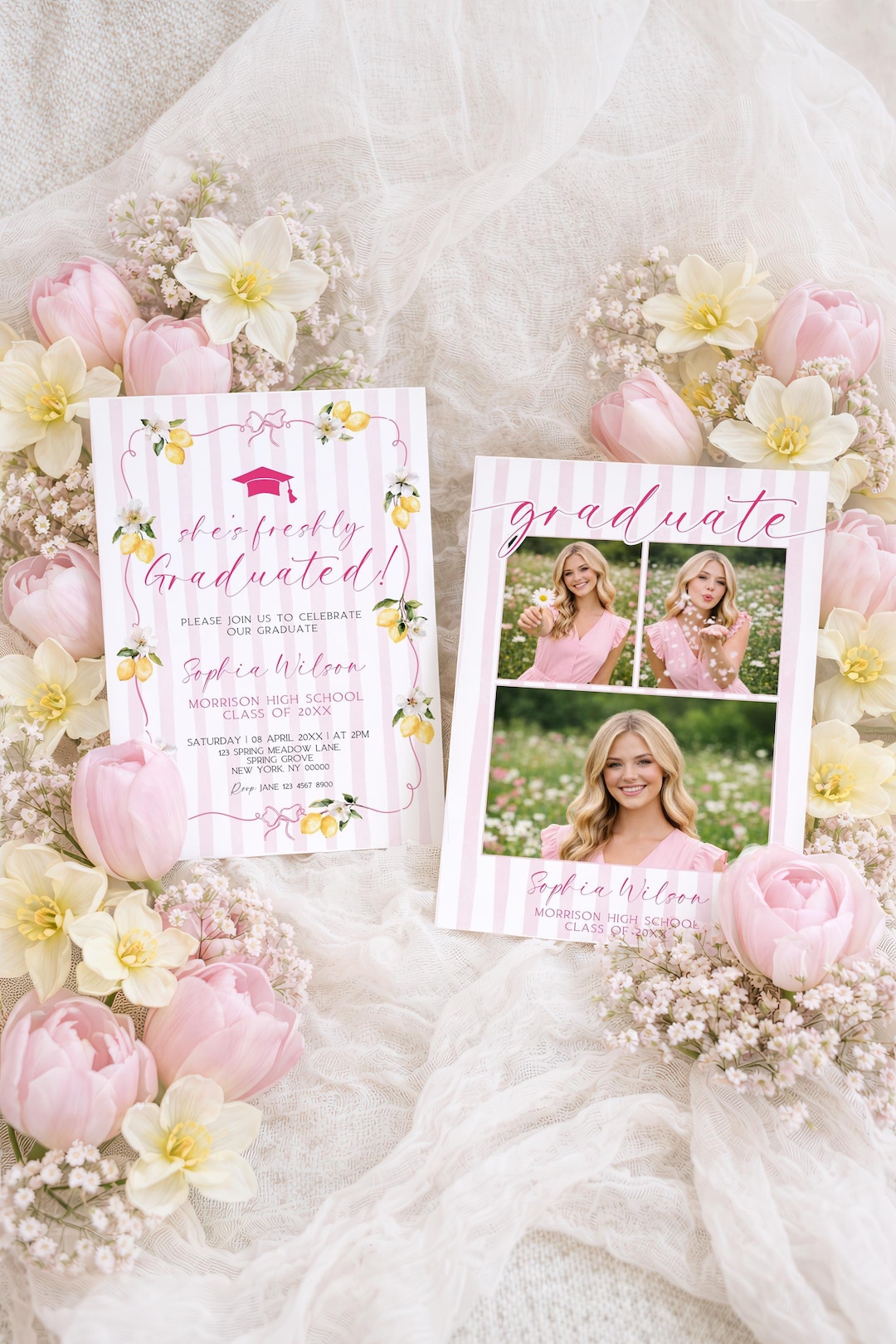 Pink Freshly Graduated Graduation Party Invitation, Announcement ...