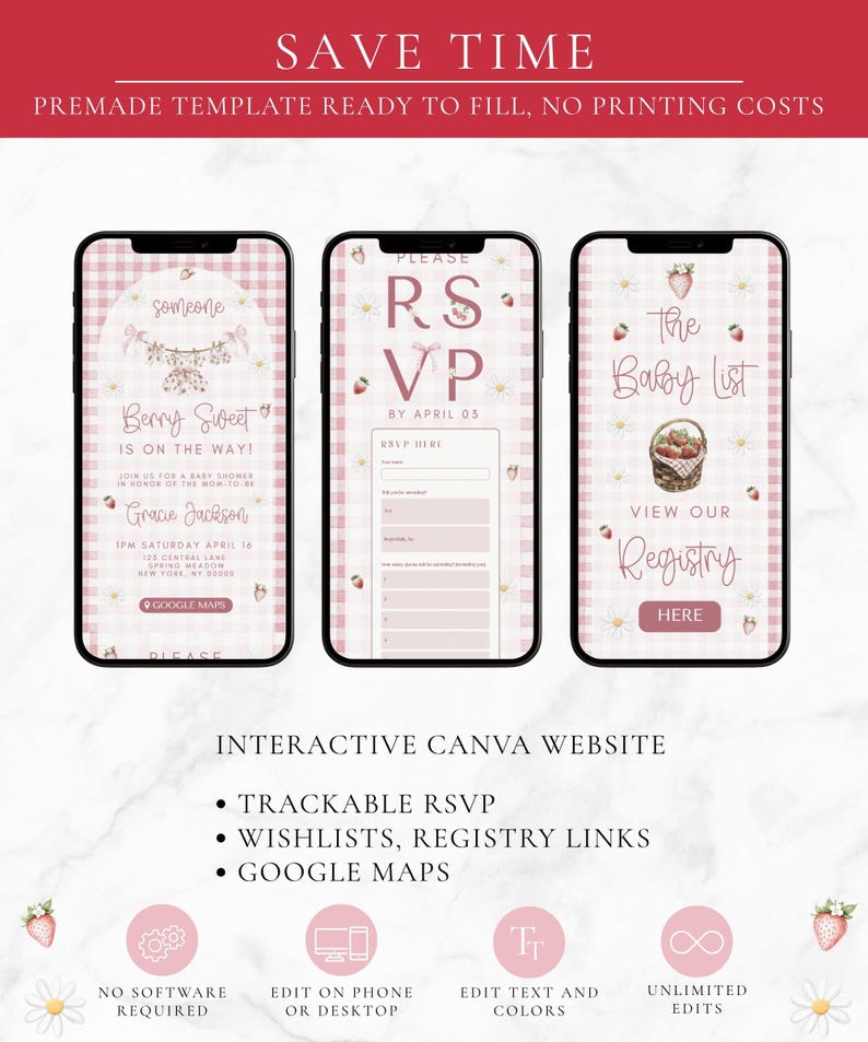 Berry Sweet Baby Shower Invitation Website, Canva Invitation Website ...