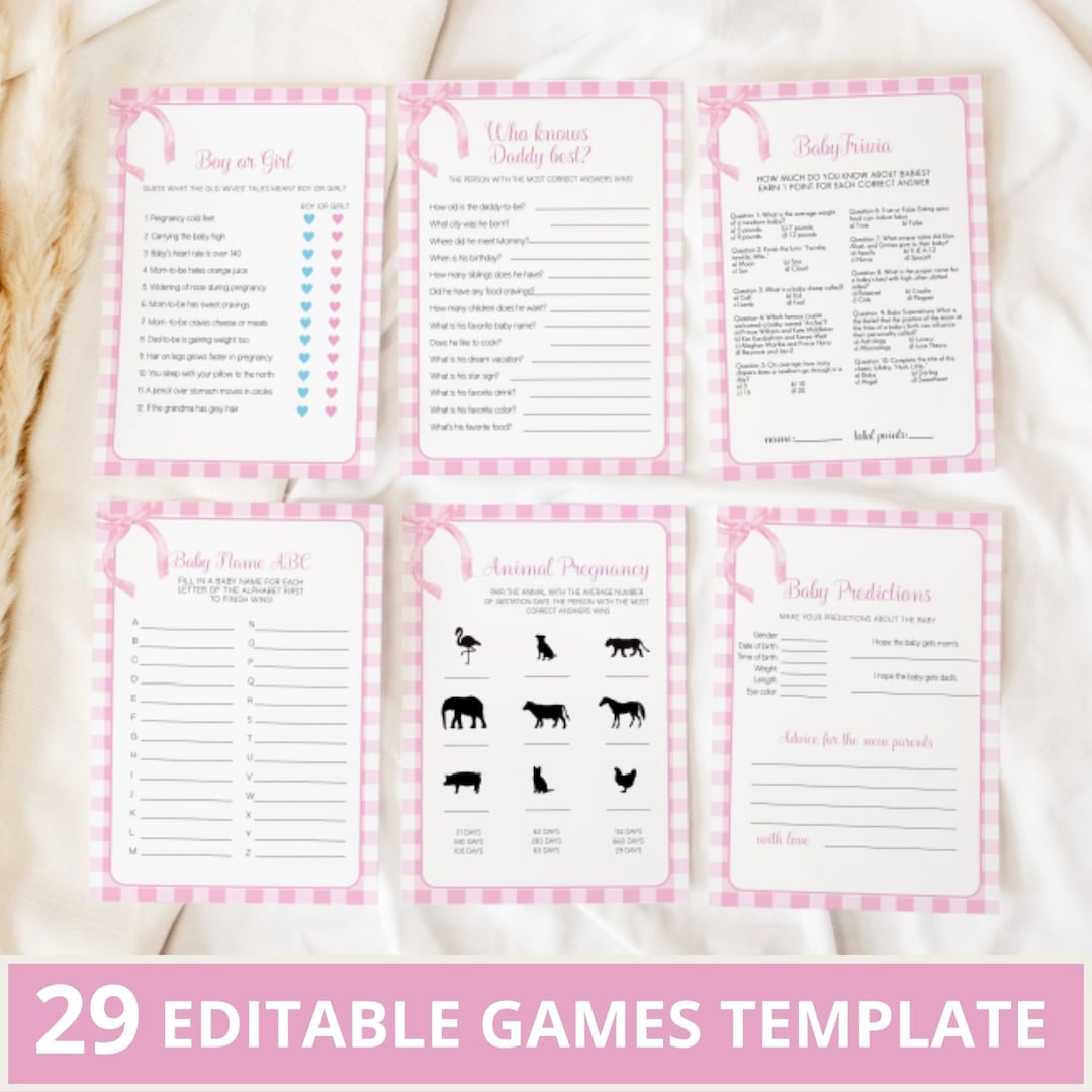 Pink Bow Baby Shower Games Bundle, Pink Gingham Baby Shower Games, Pink ...