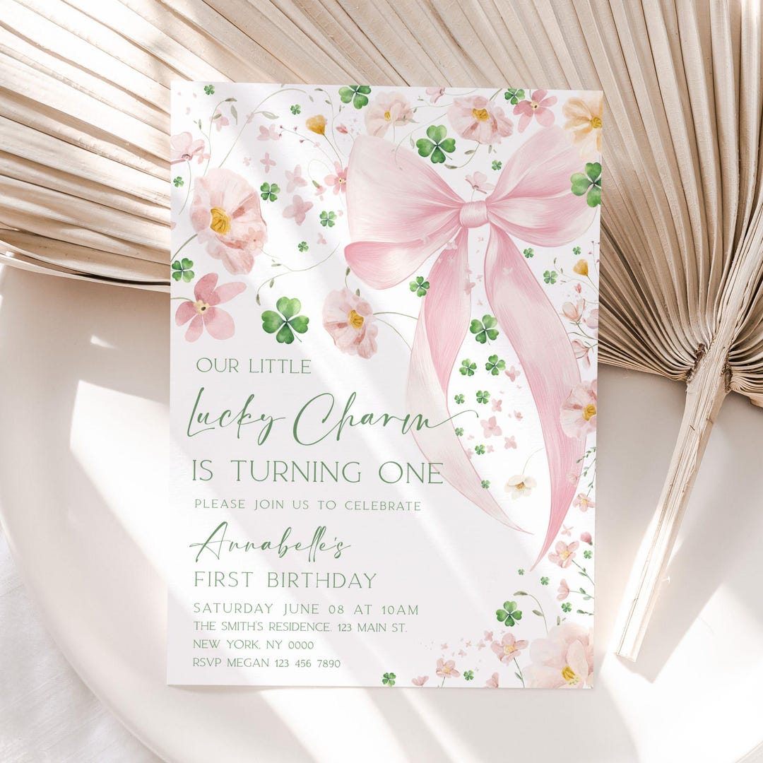 Pink Bow Lucky Charm Birthday Invitation, Girl Lucky One, Pink Shamrock ...
