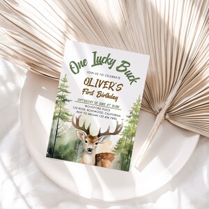One Lucky Buck Birthday Invitation, Buck Birthday Invite, Hunting ...