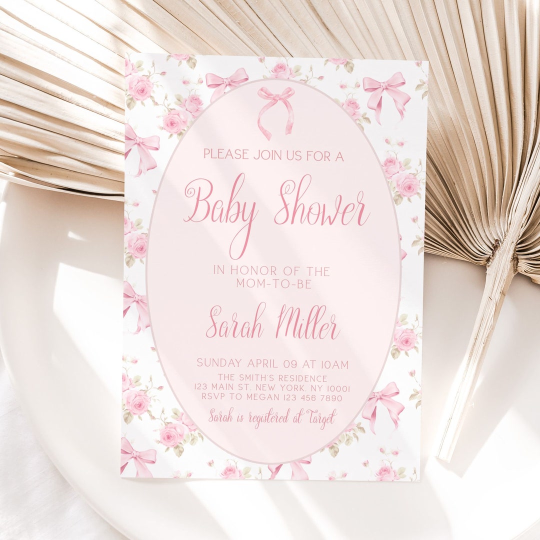 Pink Bow Baby Shower Invitation, Pink Bow Baby Shower Decor, Pink ...